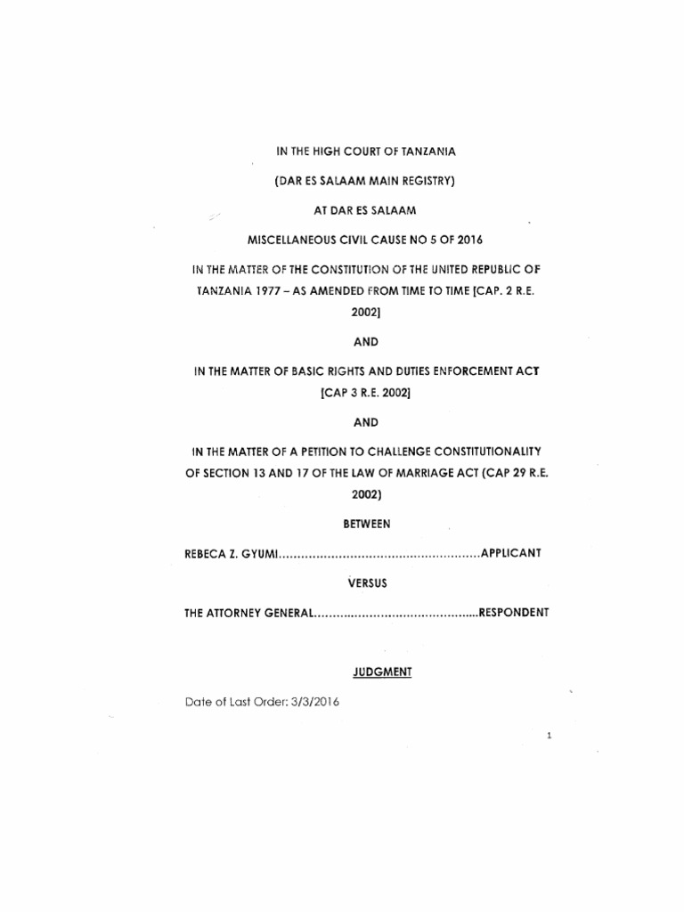 Rebeca Z Gyumi Vs Attorney General (Misc Civil Cause 5 of 2016) 2016 ...