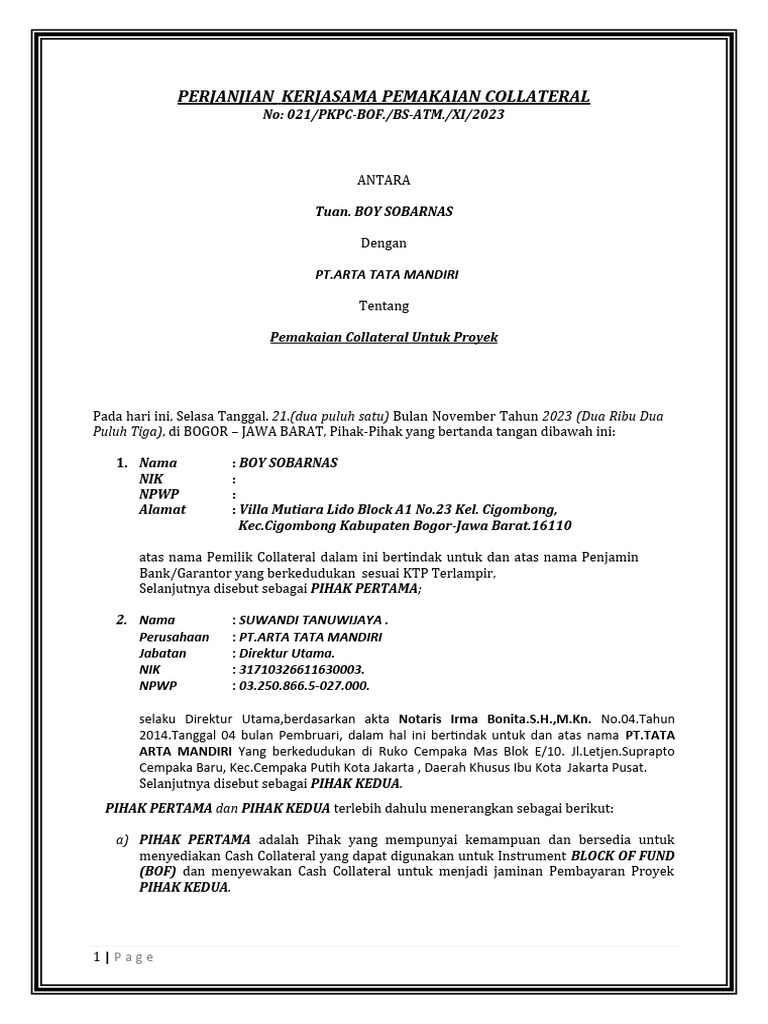 STD Perjanjian Pemakaian Colleteral BOF Suwandi Tanuwijaya | PDF | Hukum