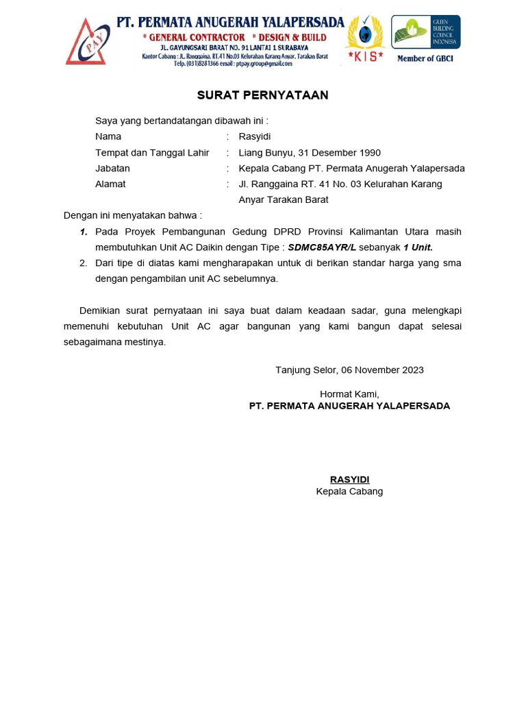 Contoh Surat Pernyataan | PDF