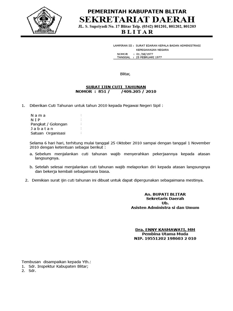 Surat Izin Cuti Tahunan PNS 2010 | PDF