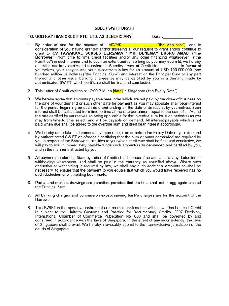 MT760 Ben TSB 1220 | PDF | Letter Of Credit | Interest