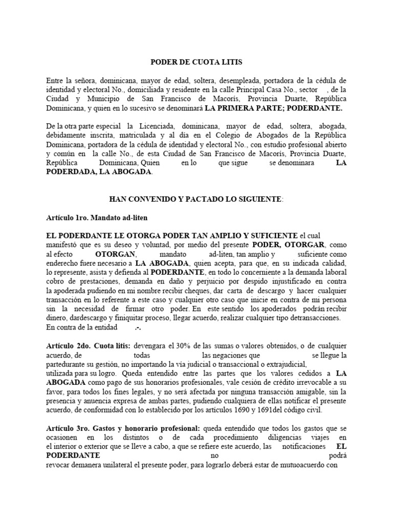 Modelo Poder de Cuota Litis | PDF | República Dominicana | Daños y ...