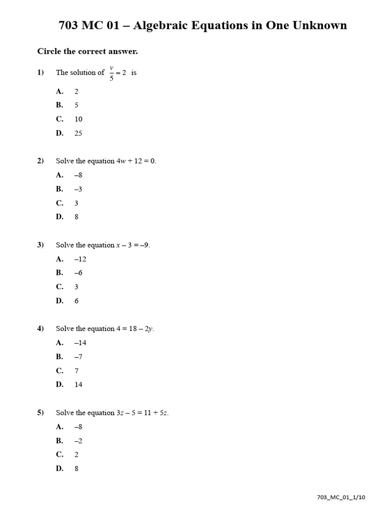 703 MC 01 | PDF | Equations | Elementary Mathematics