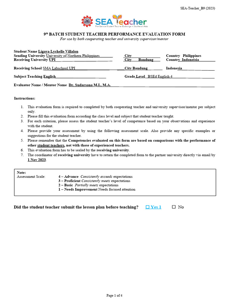 7.FINAL B9 (2023) - Student Performance Evaluation Form (1) (LIGAYA ...