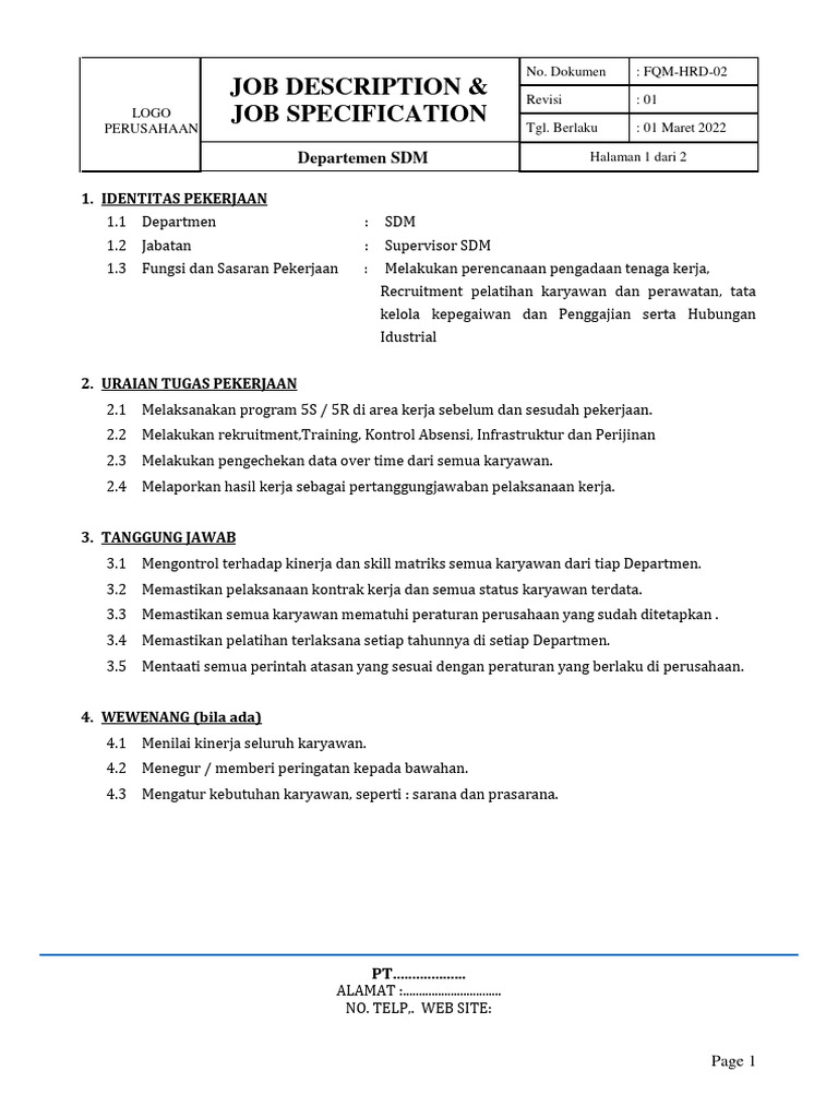 Job Desc Supervisor SDM | PDF