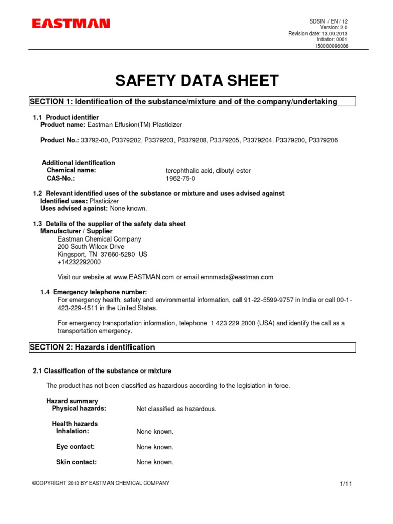 Eastman Effusion-MSDS | PDF | Dangerous Goods | Toxicity