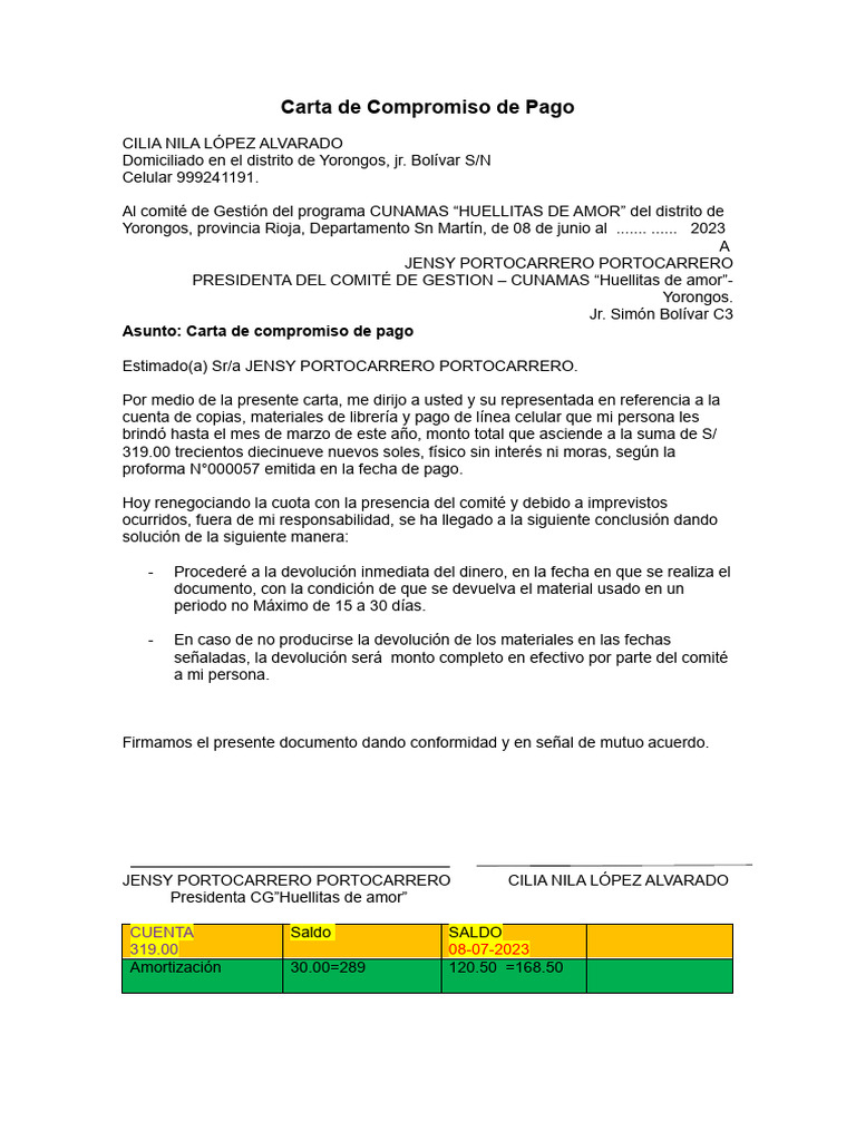 Carta Compromiso Pago | PDF
