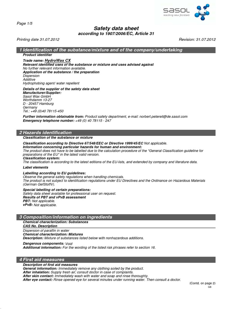 Hydro WAX CX MSDS | Download Free PDF | Dangerous Goods | Physical Sciences