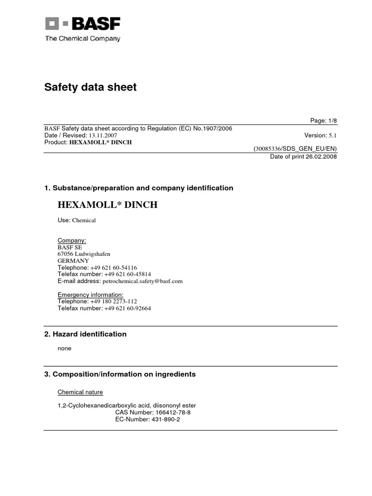 Hexamoll Dinch English MSDS | PDF | Toxicity | Occupational Hygiene