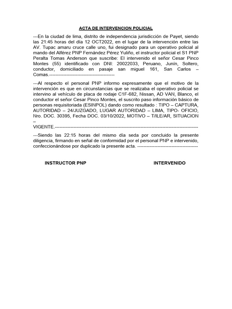 Acta de Intervencion Policial RQ Peralta | PDF | Ciencias sociales | Derecho