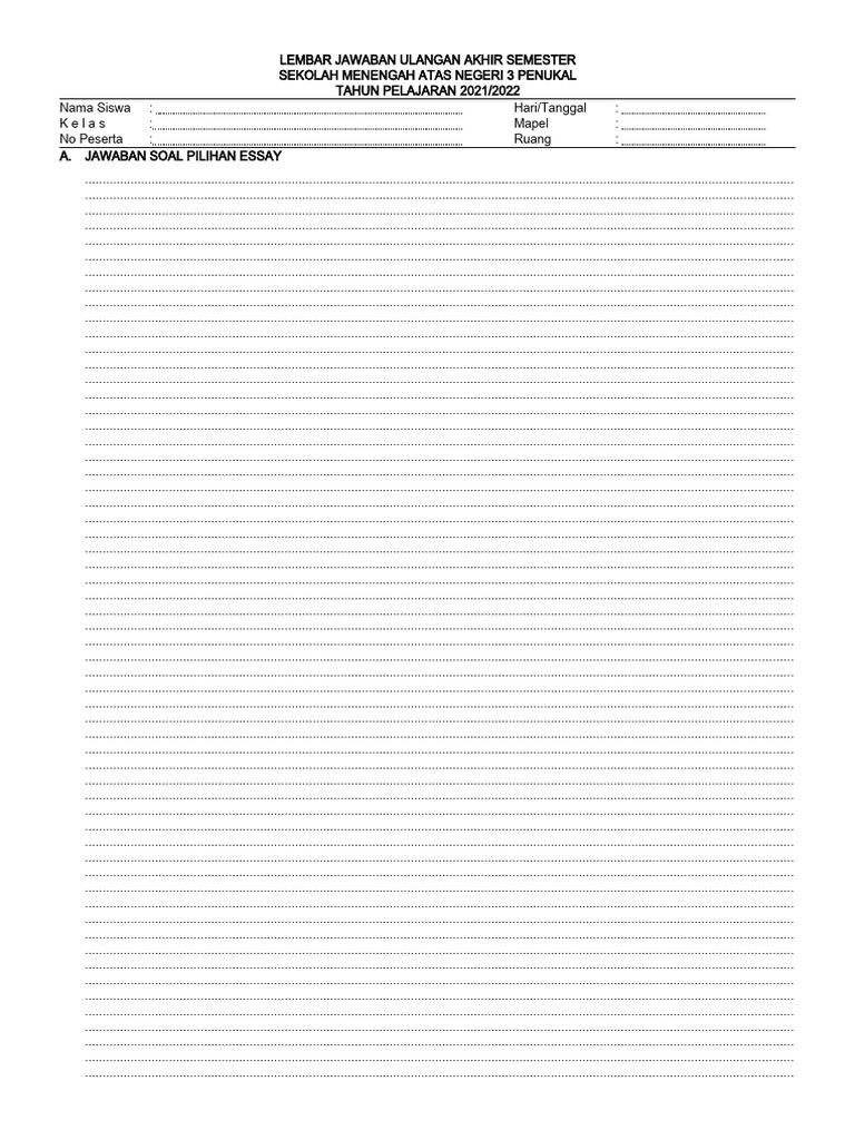 Lembar Jawaban Ujian Essay SMA 2021/2022 | PDF