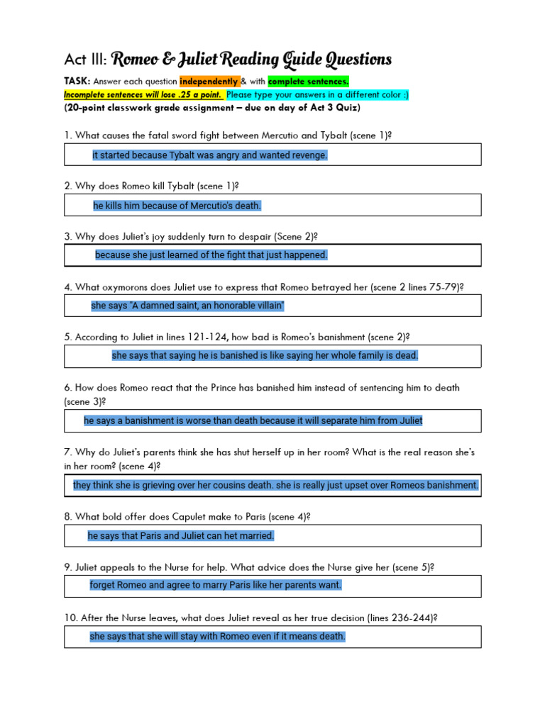 Romeo & Juliet Act 3 Reading Guide | PDF