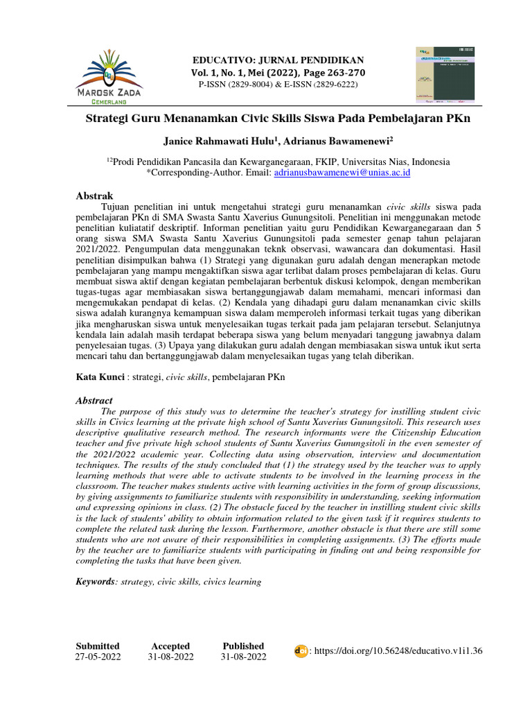 Strategi Guru Menanamkan Civic Skills Siswa Pada Pembelajaran PKN | PDF | Karier & Perkembangan ...