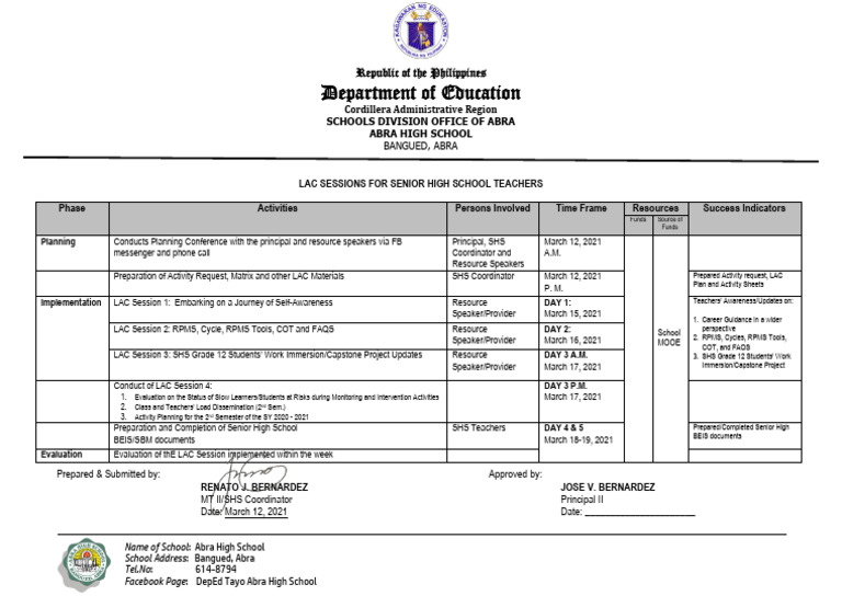 SHS Lac Plan 2021 | PDF