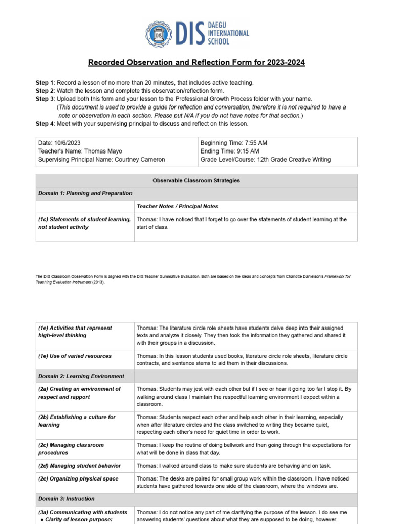 Thomas Mayo Dis Recorded Observation and Reflection Form Template 2023 ...