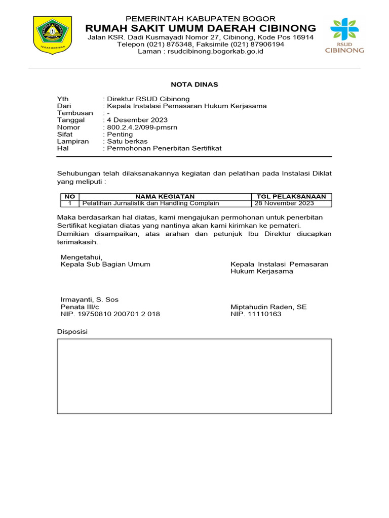 Nota Dinas Sertifikat | PDF