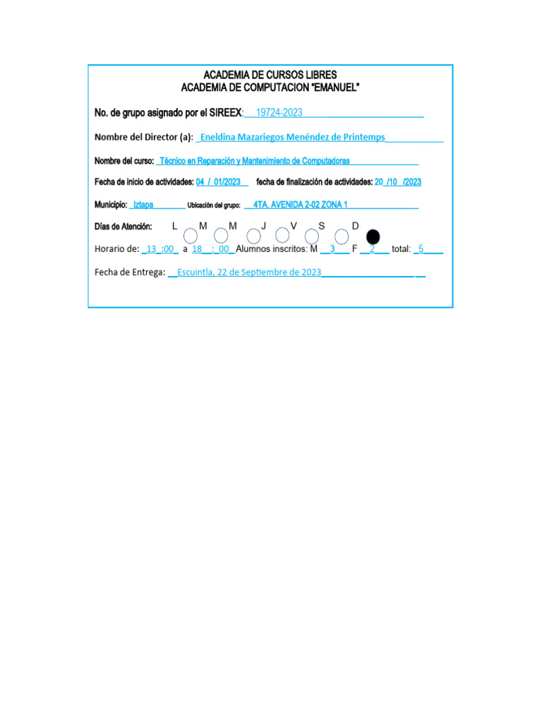 Ficha para Rotular Folder de Preinscripciones de Academias | PDF