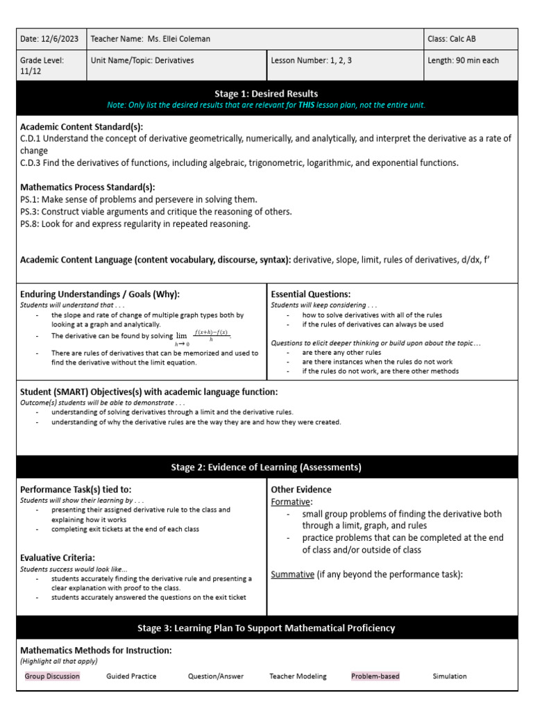 Coleman - Critical Literacy Lesson Unit 1 | PDF | Mathematics | Derivative