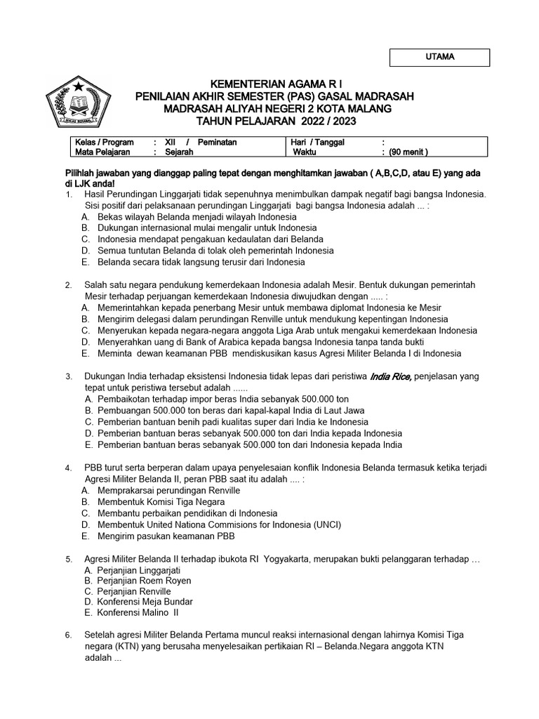 Z-SOAL UTAMA PAS SM5 SEJARAH 22-23 - Siswa | PDF | Politik | Perjalanan