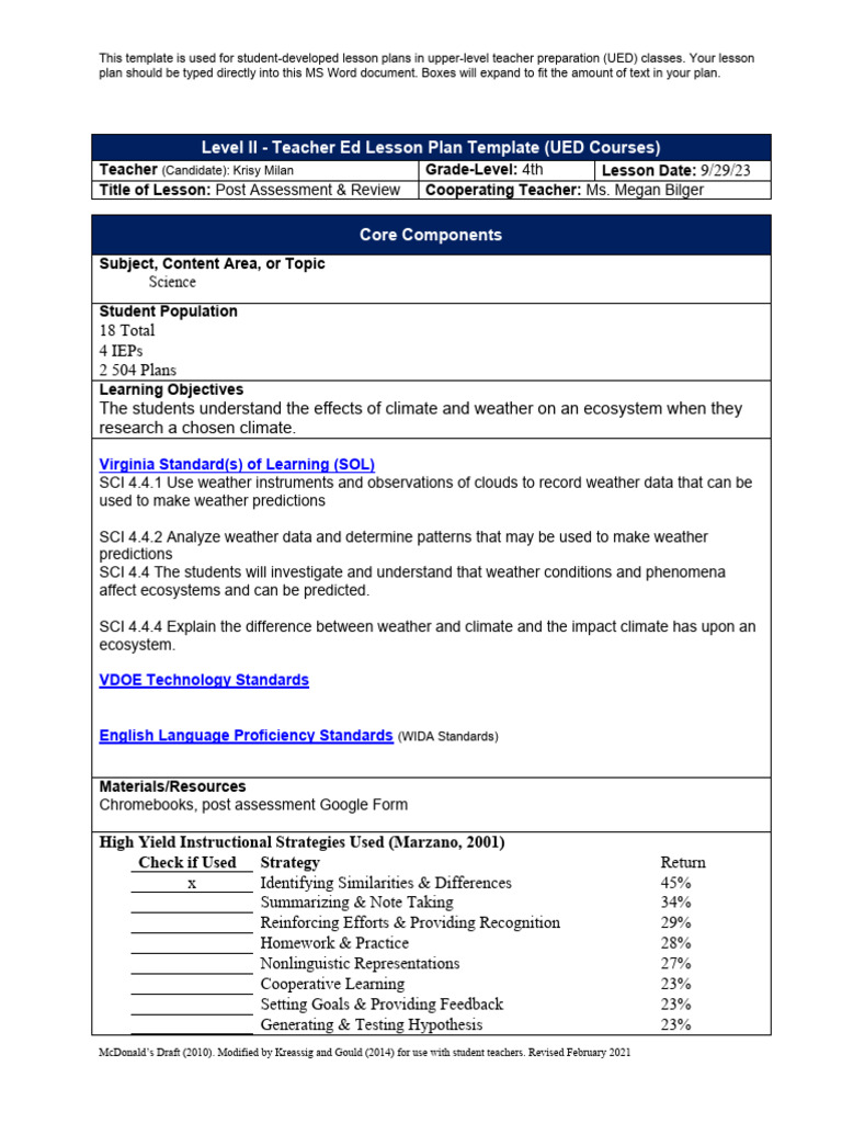 Cas Level II Lesson Plan - 9-29-23 Post Assessment | PDF | Lesson Plan ...