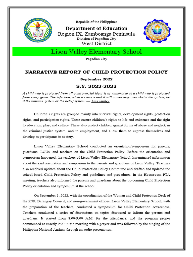 Narrative Report of Child Protection | PDF | Child Protection | Teachers