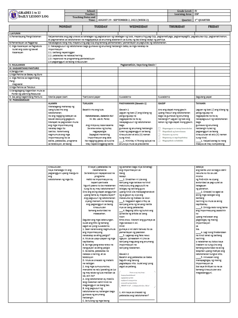 DLL - Esp 4 - Q1 - W2 | PDF