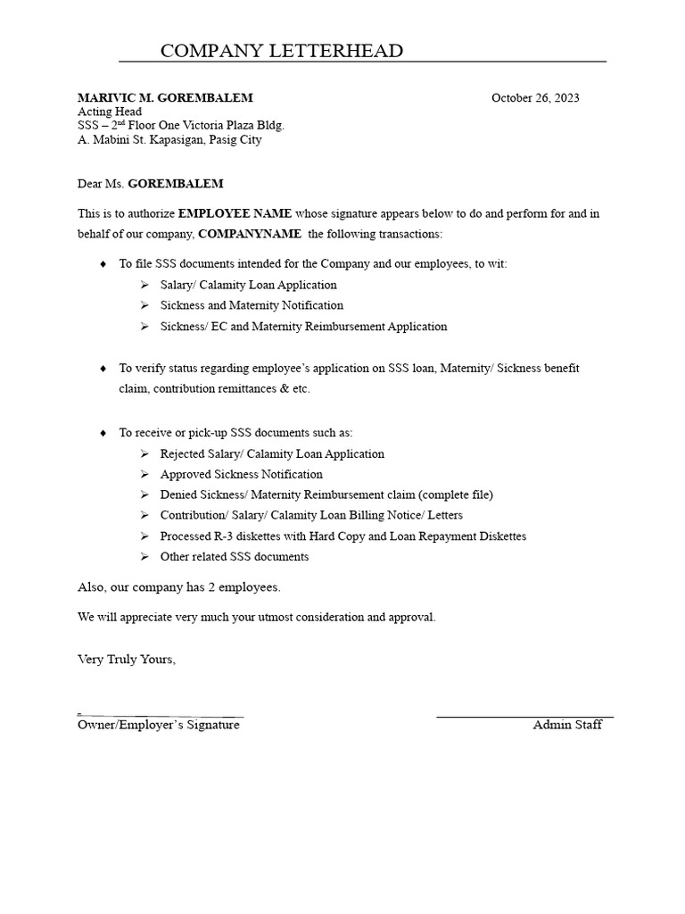 SSS Authorization Letter Template | PDF | Business | Finance & Money ...