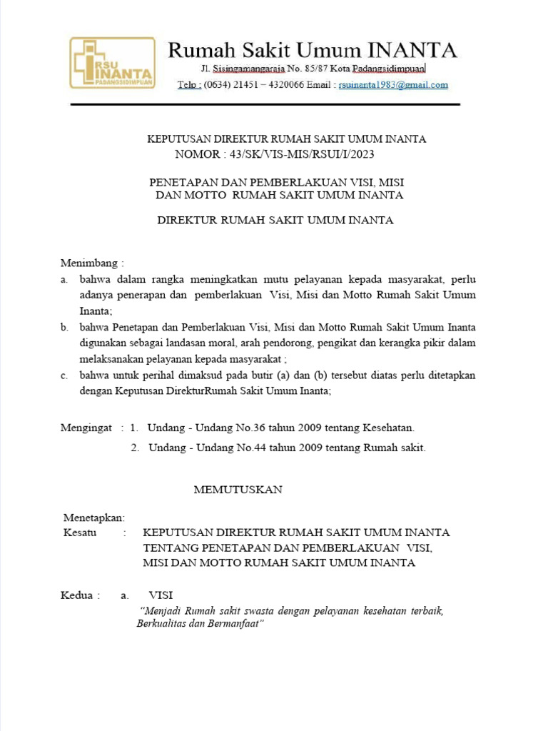 Visi, Misi, dan Motto RSU Inanta 2023 | PDF | Pengembangan Diri