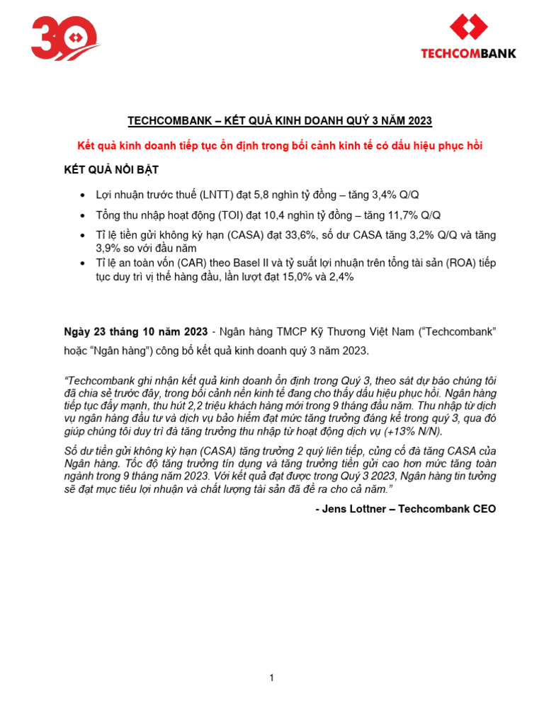 3 Q23 Thong Cao Bao Chi Techcombank 6f43377297 | PDF