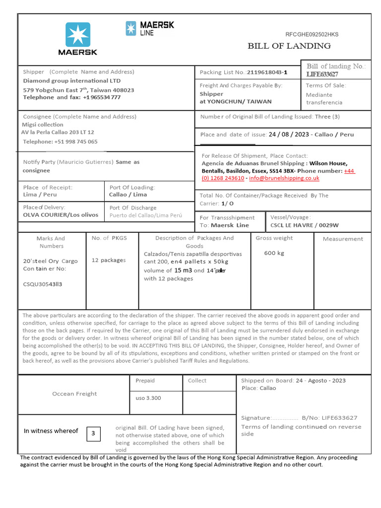 Bill of Lading Otto Soto | PDF | Cargo | Supply Chain Management