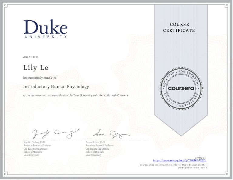 Introductory Human Physiology Course Certificate - Coursera Duke ...