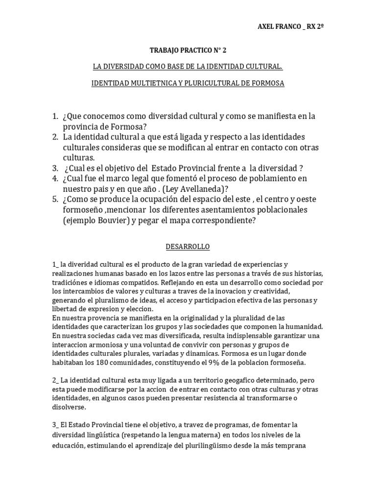 TRABAJO PRACTICO N 2 La Diversidad Como Base de La Identidad Cultural ...