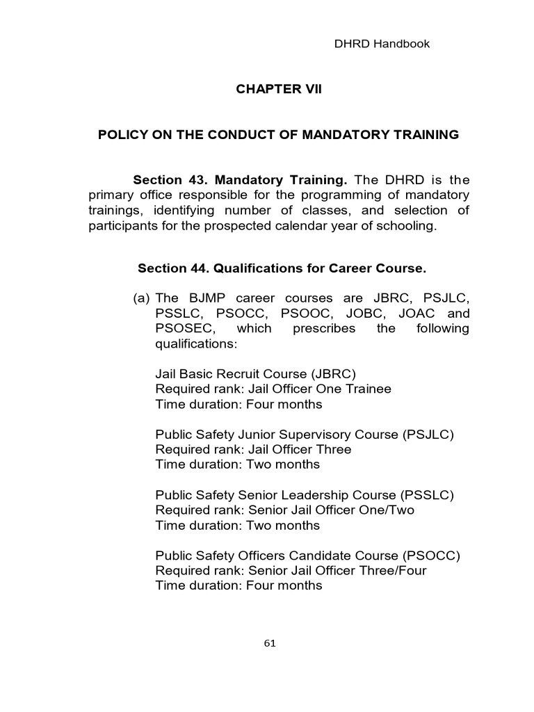 DHRD - Handbook - 2017 - Chapter - 7 Mandatory TRNG | PDF | Inspector