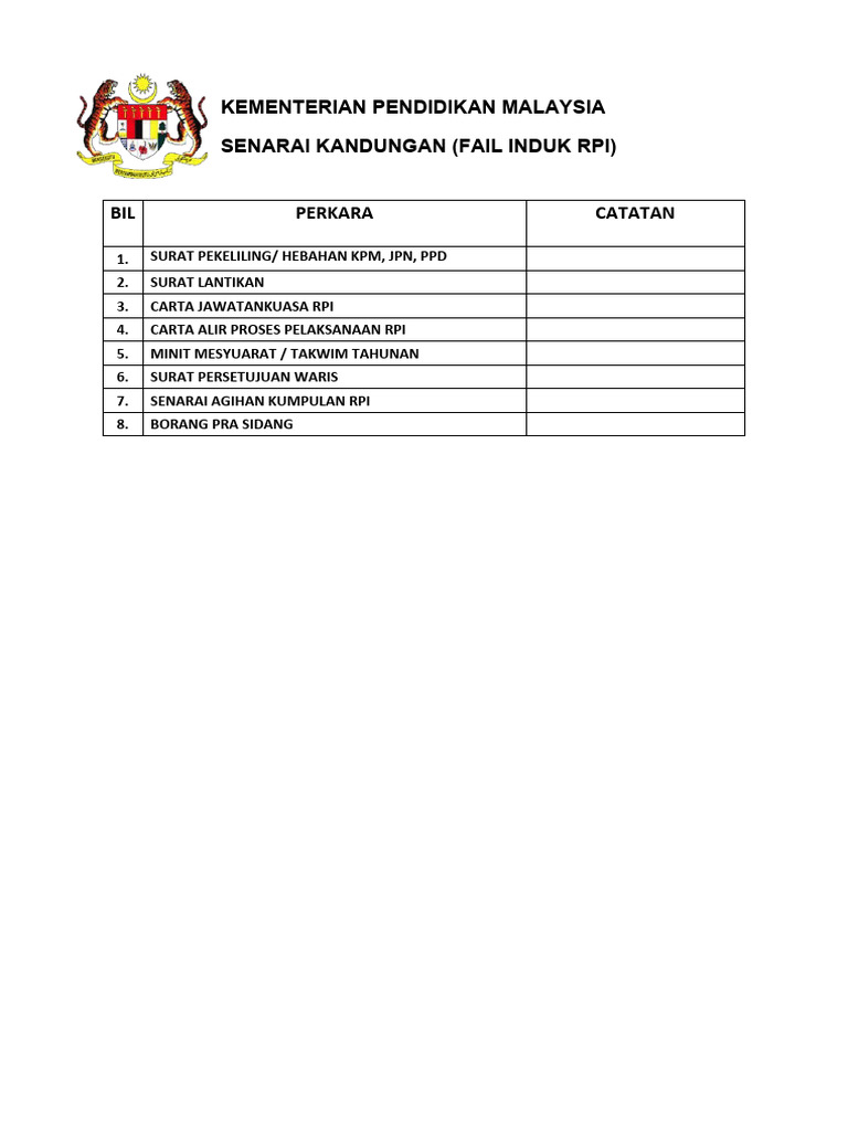2021 Senarai Semak Fail Induk RPI & Fail 1 RPI | PDF