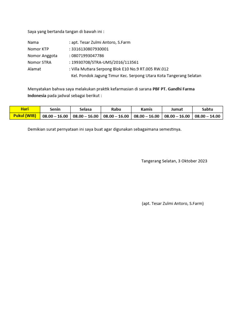 Surat Pernyataan Jadwal Praktik | PDF