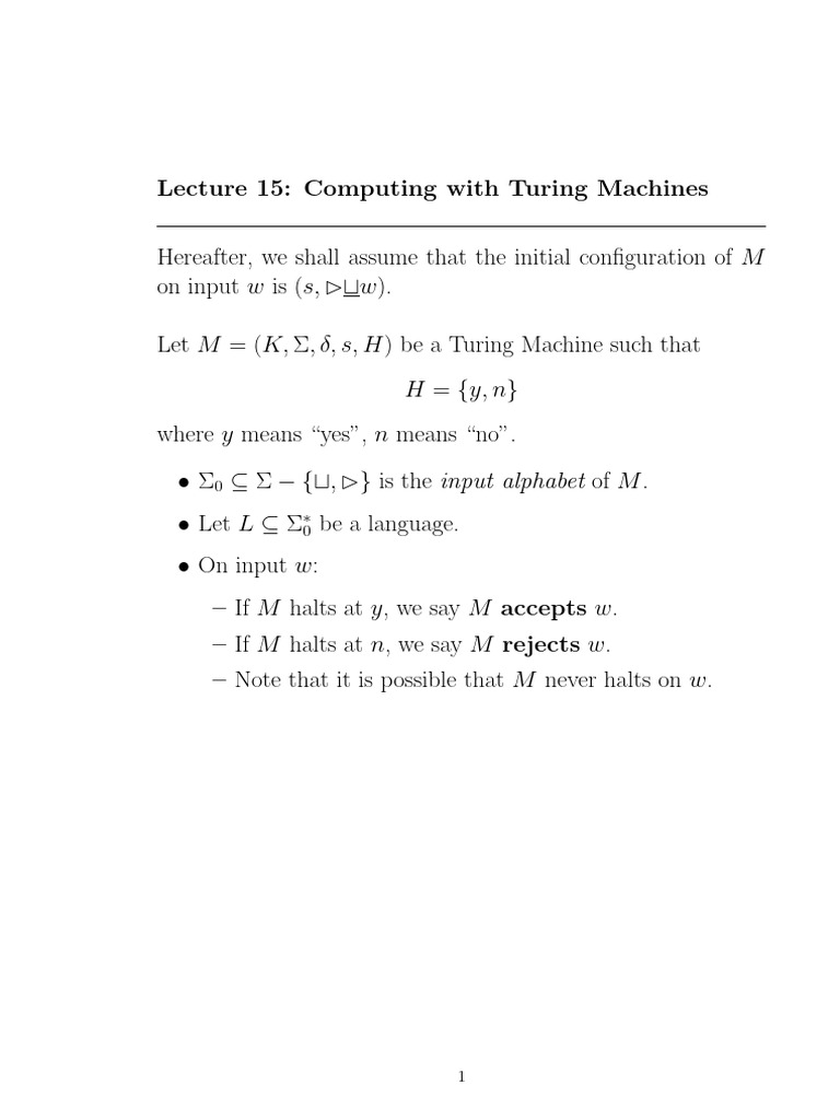 Lecture 15: Computing With Turing Machines | PDF | Computer Programming | Mathematical Logic