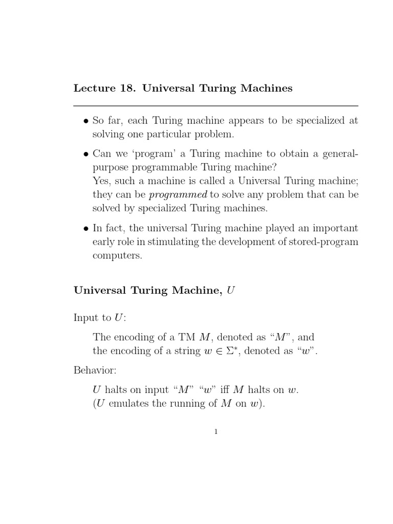 Lecture 18. Universal Turing Machines | PDF | Mathematics | Computer Programming