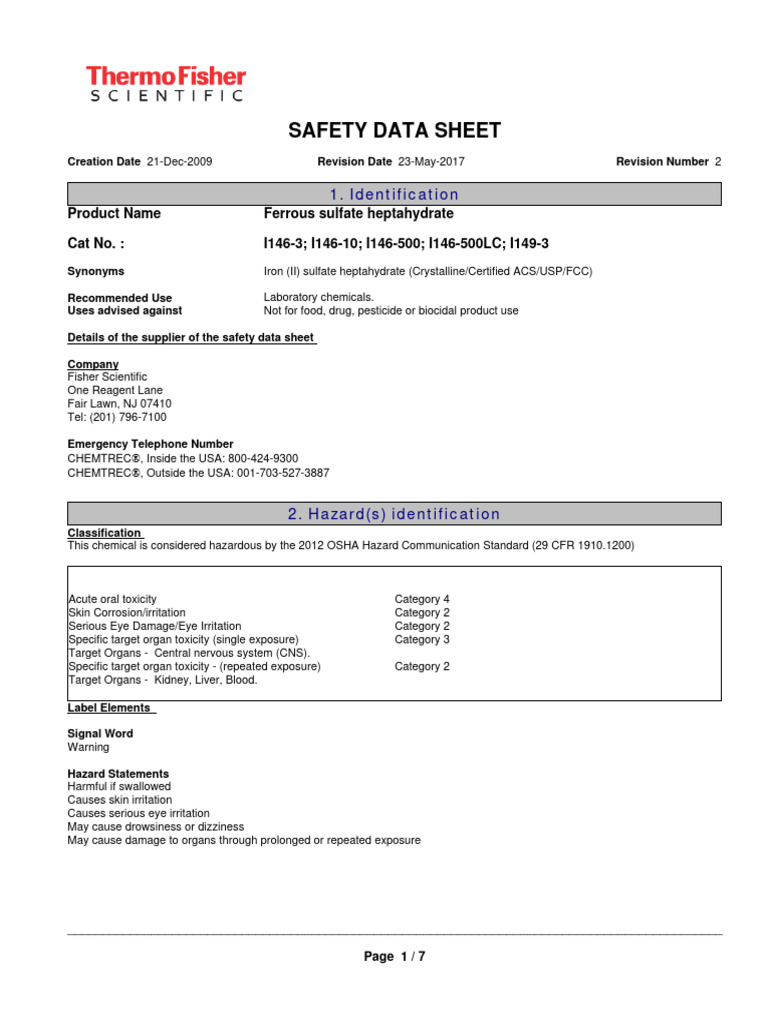 Ferrous Sulfate Heptahydrate | PDF | Firefighting | Personal Protective ...
