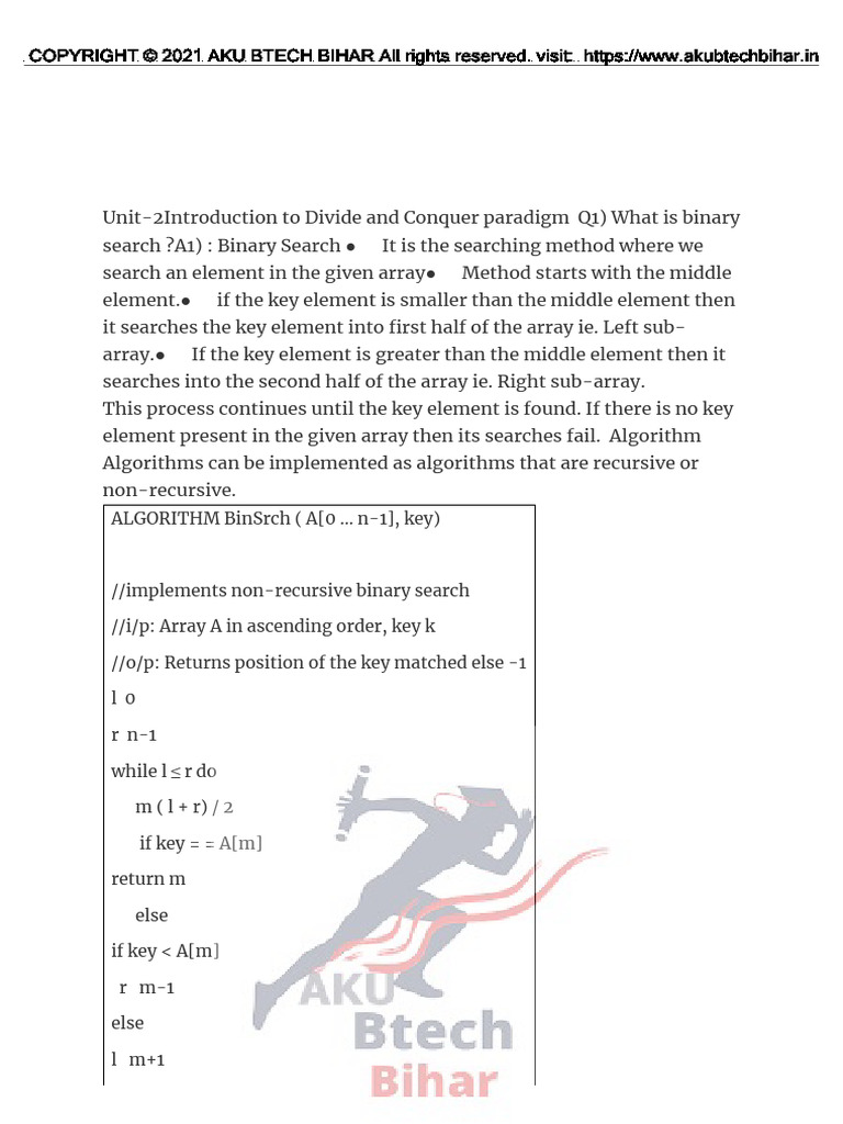 Unit 2 Introduction To Divide And Conquer Paradigm 1 Pdf Applied Mathematics Algorithms 