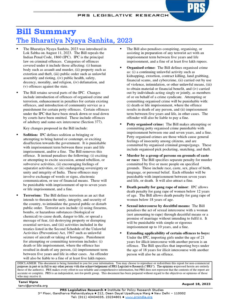 Bill Summary Bharatiya Nyaya Sanhita 2023 | PDF | Crimes | Crime & Violence Bill Summary Bharatiya Nyaya Sanhita 2023 | PDF | Crimes | Crime & Violence