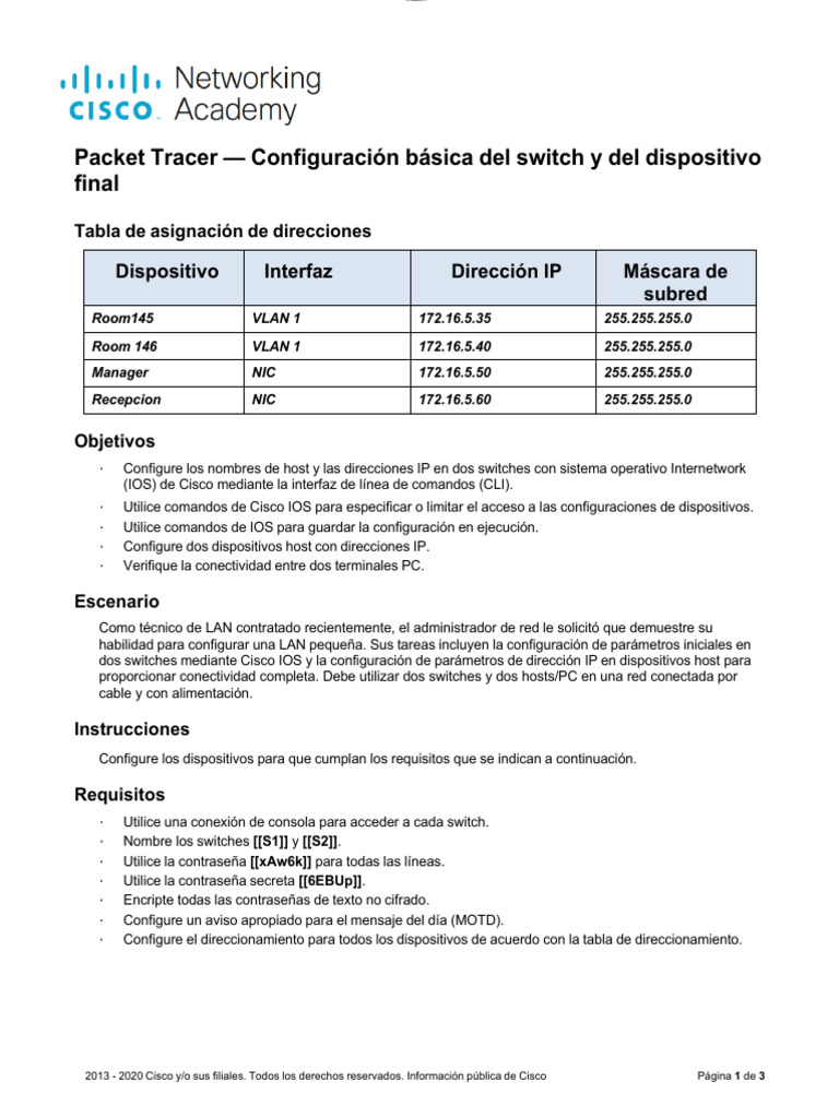 2.9.1 Packet Tracer — Configuración básica del switch y del dispositivo final | PDF | Dirección ...