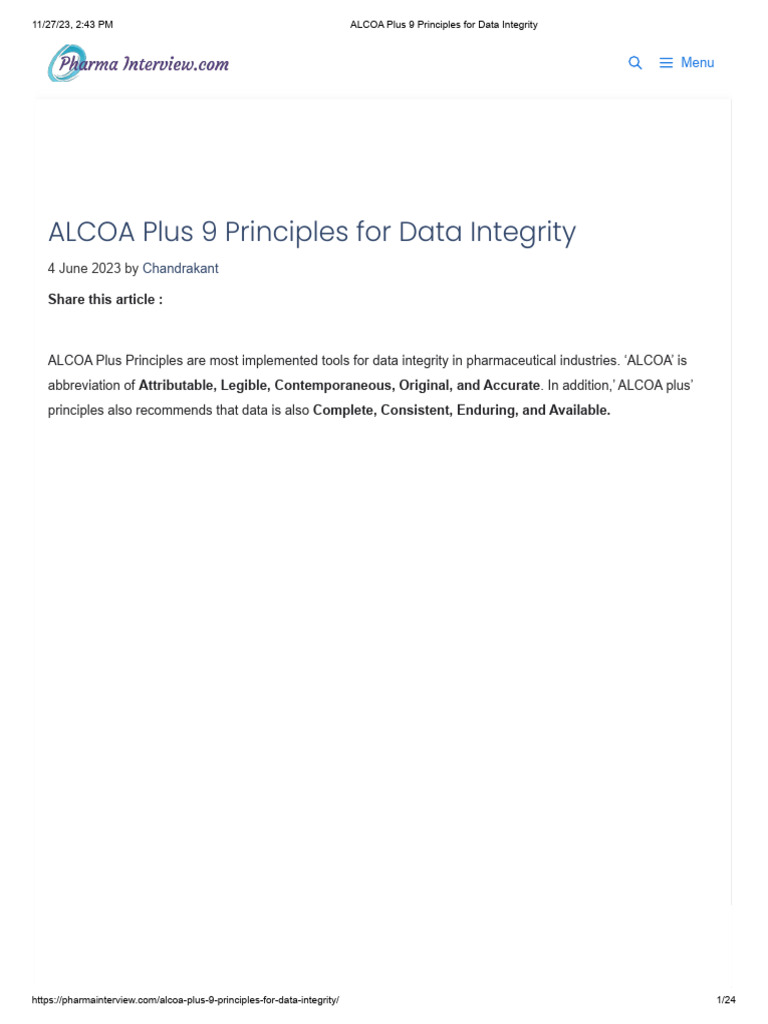 ALCOA Plus 9 Principles For Data Integrity | PDF | Pharmaceutical Industry
