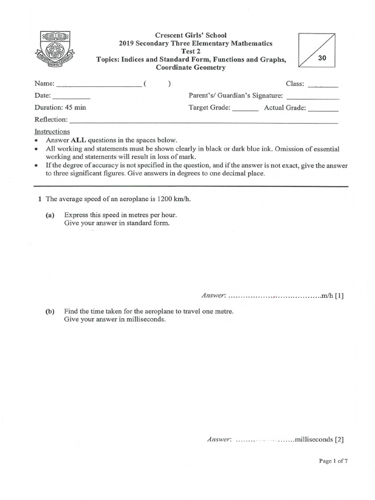 CGS - 2019 - Sec 3 - EM - Indices and Standard Form, Functions, Graphs ...