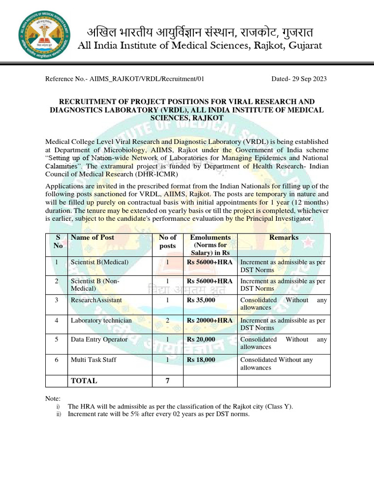 AIIMS Rajkot VRDL Project Jobs 2023 | PDF | Doctor Of Medicine ...