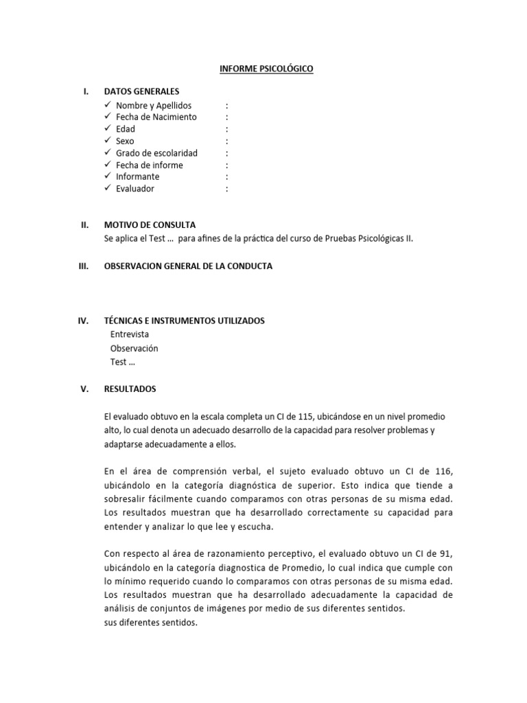 Modelo de Informe WAIS IV-1 | PDF | Cociente de inteligencia | Escala de inteligencia para ...