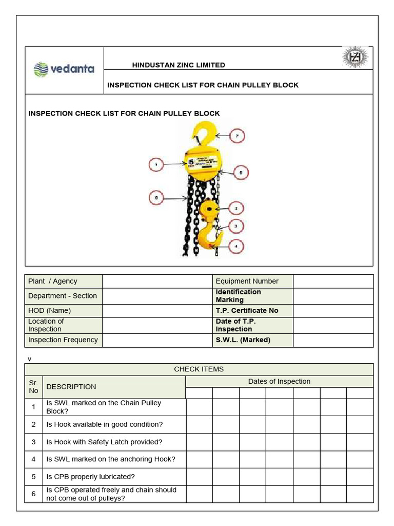Chain Pulley Block Inspection Checklist | PDF