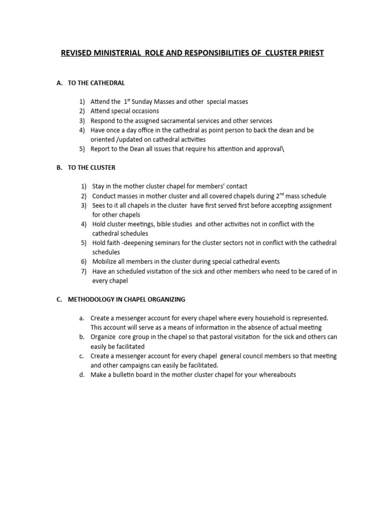 Revised Ministerial Role and Responsibilities of Cluster Priest | PDF