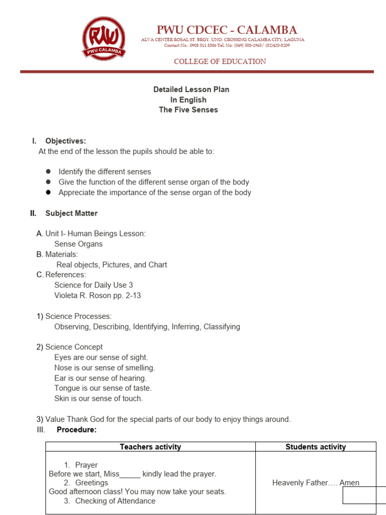 Detailed Lesson Plan: The Five Senses | PDF | Senses | Helen Keller