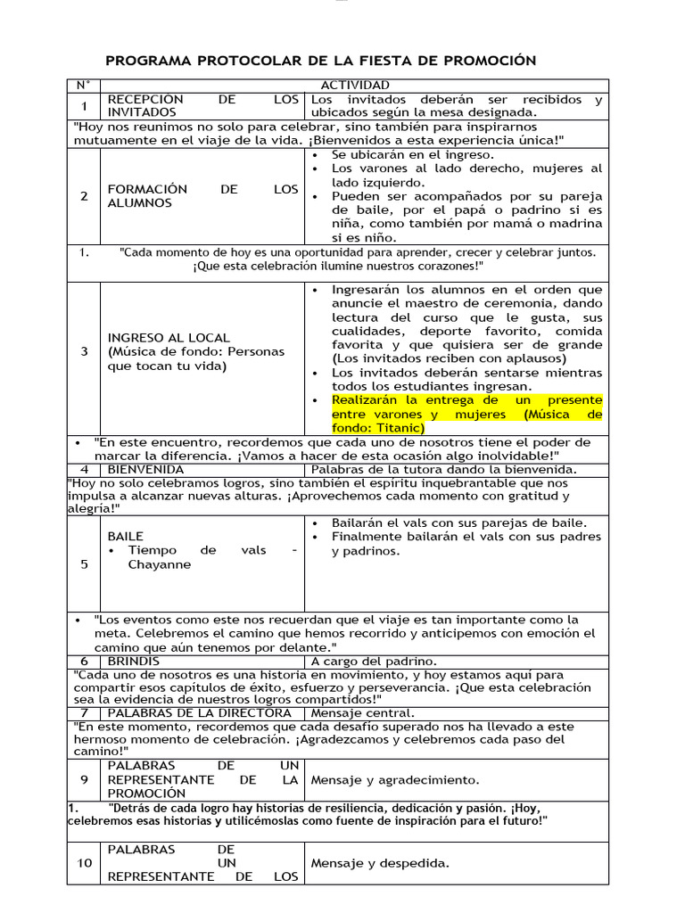 Programa Protocolar de La Fiesta de Promocion | PDF Programa Protocolar de La Fiesta de Promocion | PDF