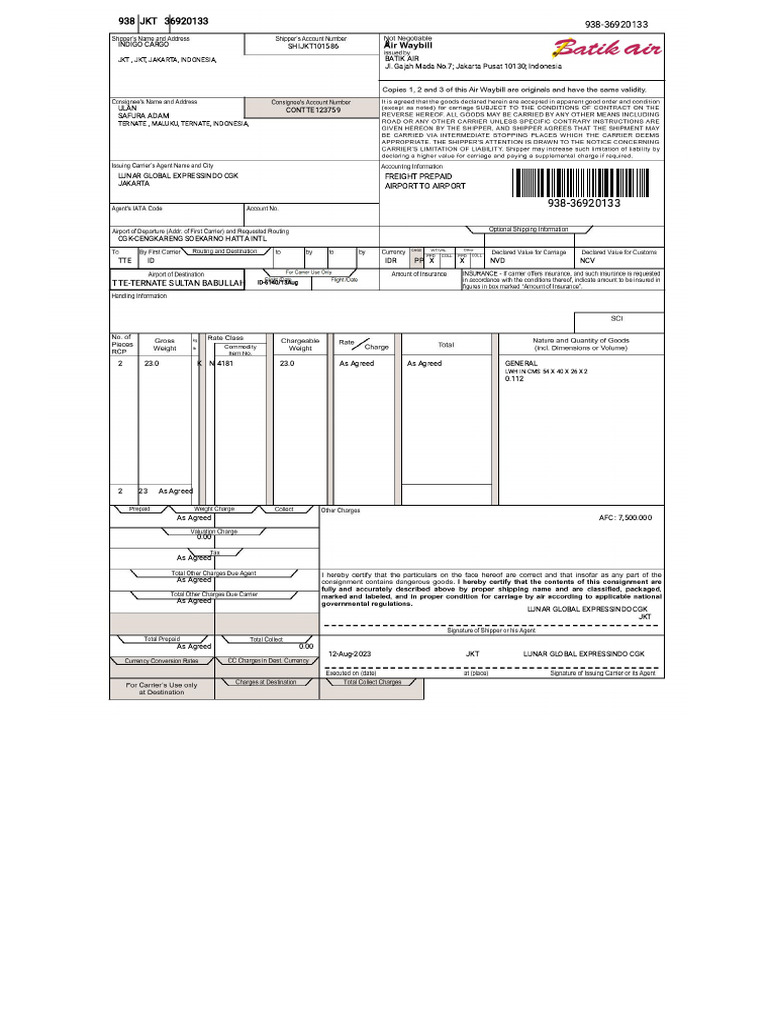 AWB No - 938-36920133 | PDF